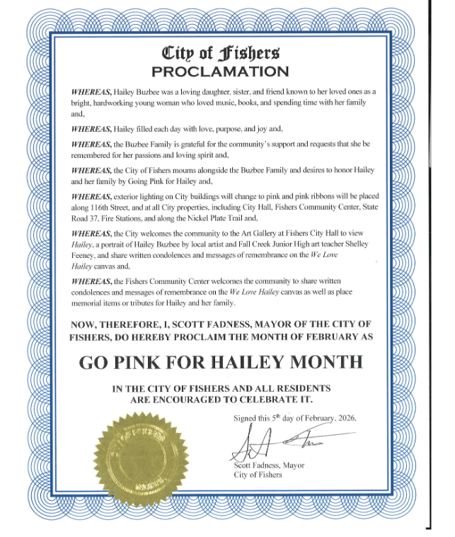 February Proclaimed Go Pink For Hailey Month in Fishers - LarryInFishers